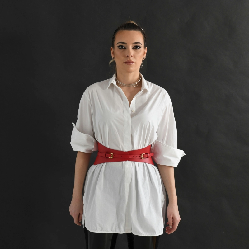 Slim Red Leather Corset Belt - ARIA MARGO