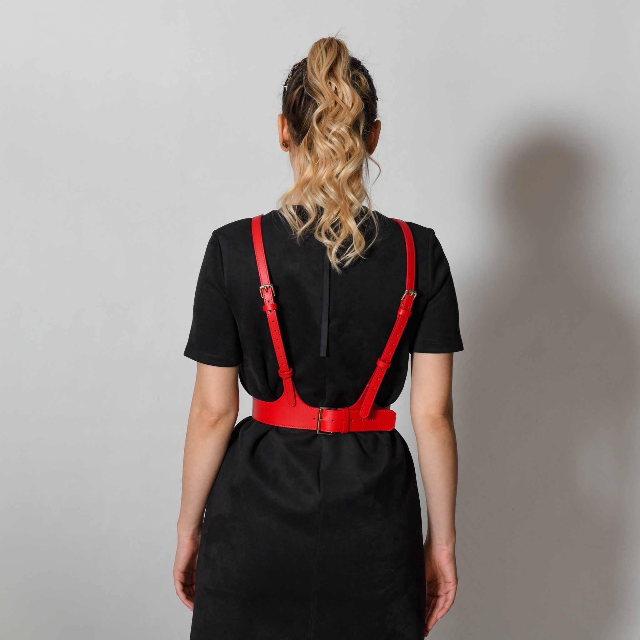 Red Leather V-neck Harness Belt - ARIA MARGO